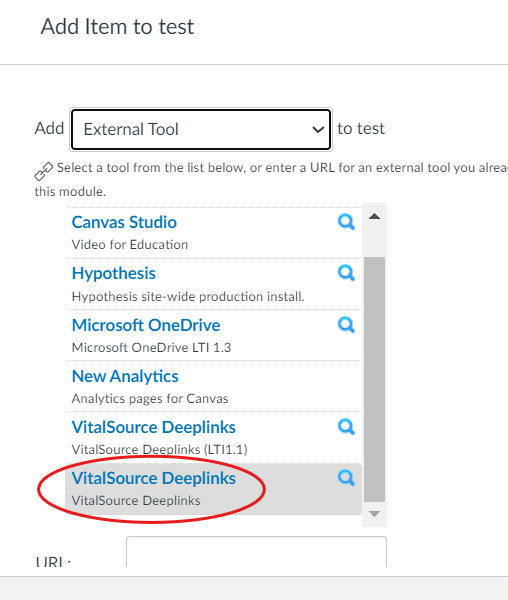 Selecting the VitalSource LTI tool in Canvas Module Items : Hypothesis